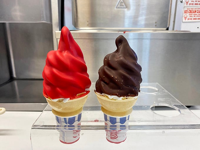 Chocolate and cherry dipped cones standing at attention – like edible sculptures too beautiful to eat, but too delicious not to.