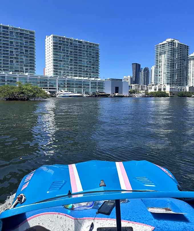 The Miami skyline watches in approval as another floating car glides past, because this city has always celebrated those who refuse to follow conventional rules.