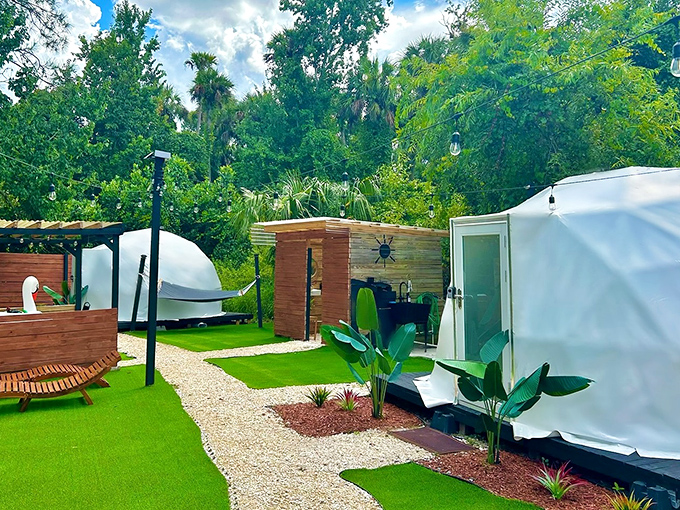 Modern glamping pods arranged like a neighborhood where Mother Nature is the HOA president.
