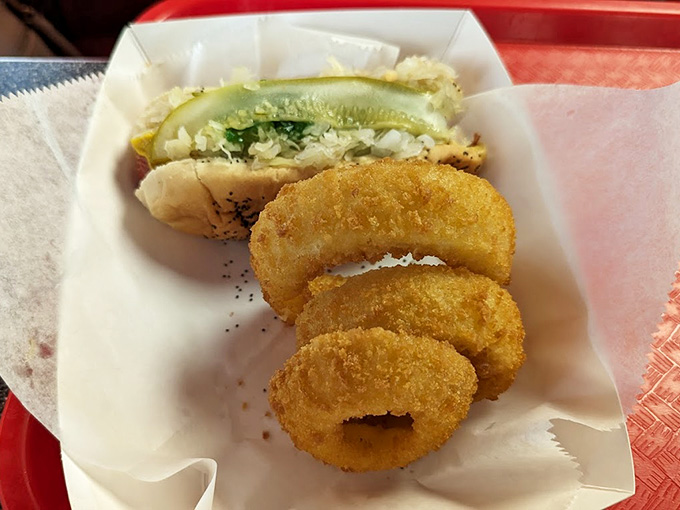 Golden onion rings that stay crispy longer than your average New Year's resolution, each one a perfect circle of fried happiness waiting to happen.