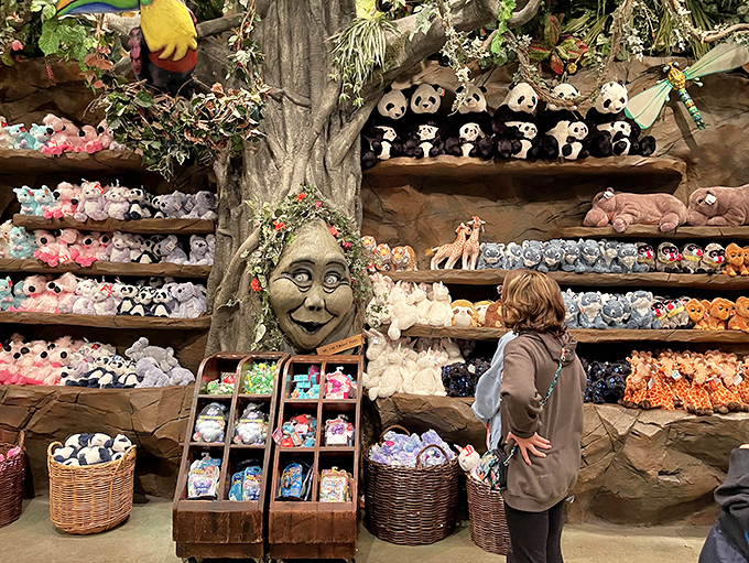 The gift shop's plush menagerie tempts visitors of all ages, because who doesn't need a stuffed panda to remember their jungle feast?