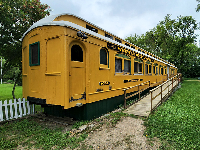 The Viking Car's sunny yellow exterior promises cheerful accommodations inside, a ray of sunshine even on cloudy Minnesota days.
