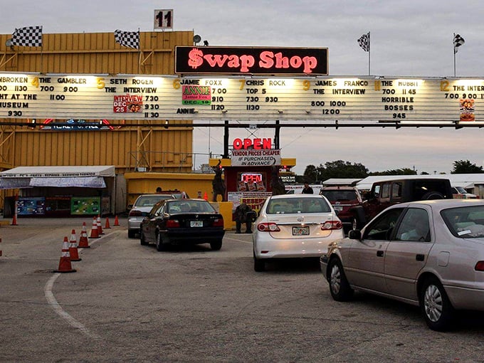The Swap Shop's iconic movie marquee hints at its unique dual nature – part drive-in theater, part bargain hunter's paradise.