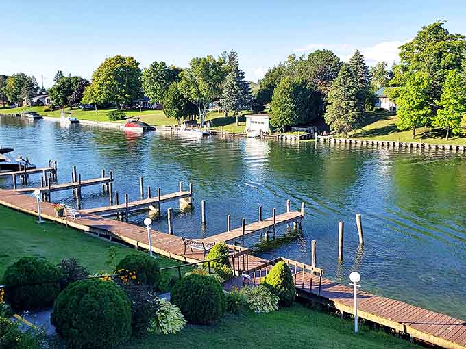 Peaceful waterfront homes with private docks showcase the idyllic lakeside lifestyle that makes Cheboygan a coveted destination.
