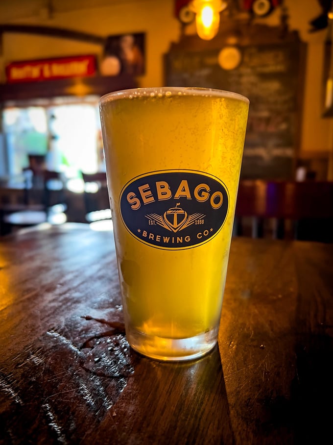 A perfectly poured Sebago brew catching the light just right &ndash; like liquid gold in a glass, promising refreshment after a day of coastal exploring.
