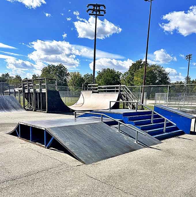 Blissfield's skatepark ramps curve against blue skies &ndash; proof that small towns know how to keep their younger residents happily engaged.