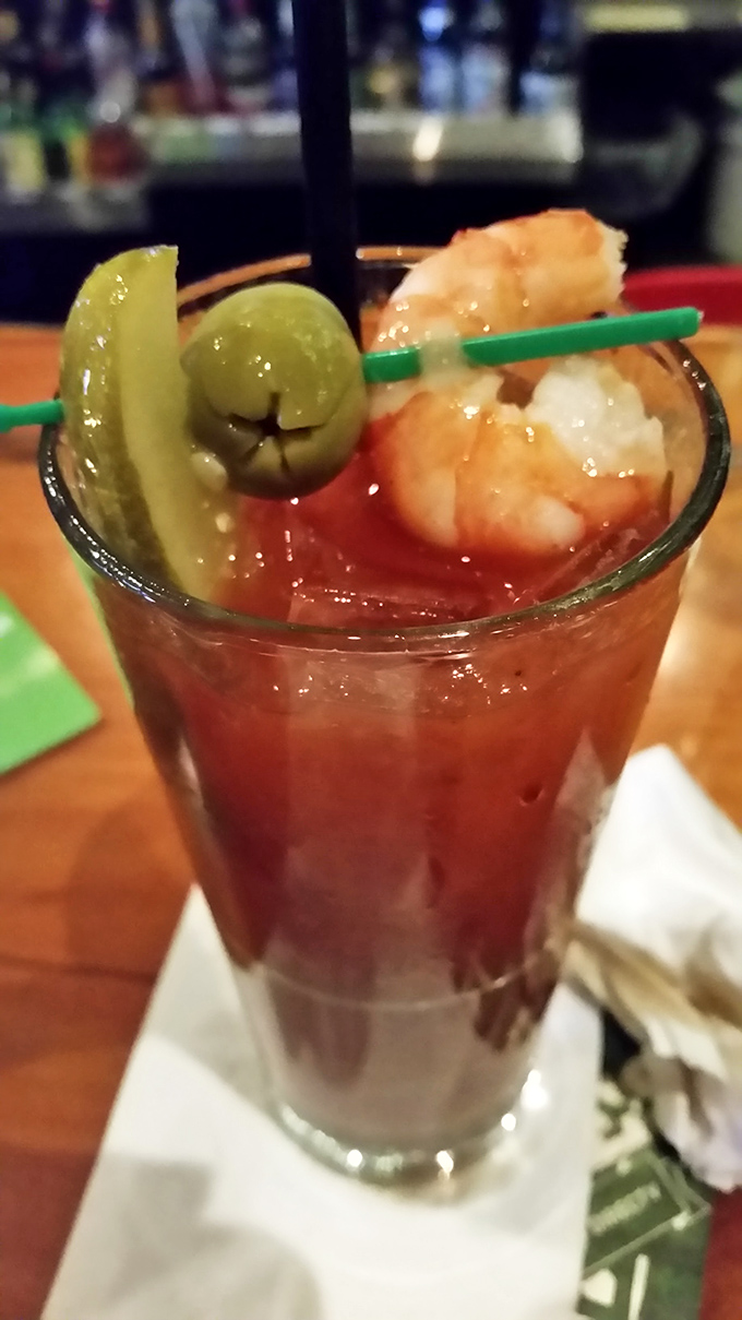 A Bloody Mary that's practically a meal itself, garnished with enough accessories to make a fashionista jealous, including a shrimp eyeing freedom.