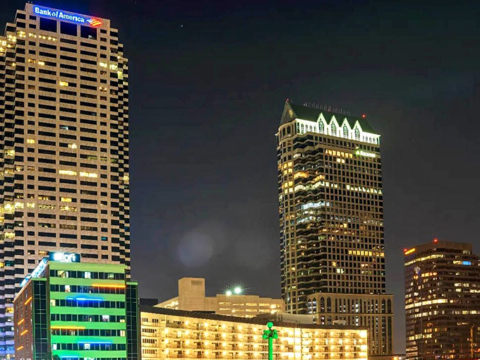 Tampa's architectural diversity creates a stunning backdrop for waterfront strolls. Those palm trees look like they're applauding the skyline!