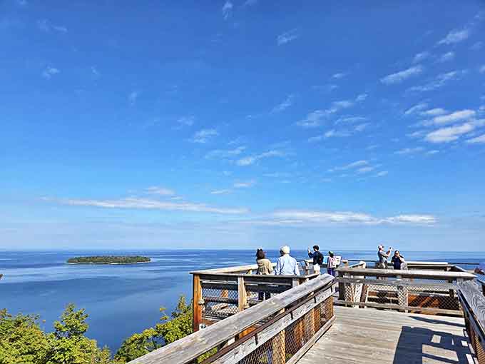 The observation deck fills with visitors who've all had the same brilliant idea: get up high and see what Wisconsin really looks like.