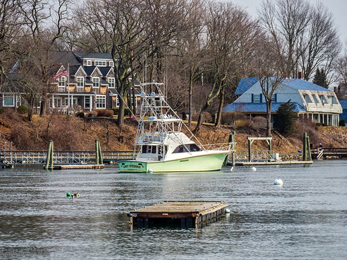 Classic New England coastal homes stand sentinel above the harbor, their weathered charm part of York's enduring appeal. 