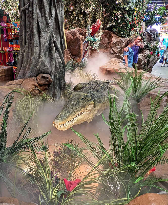 This alligator might not be real, but try telling that to your racing heart when the mist rolls in and its jaw suddenly moves.