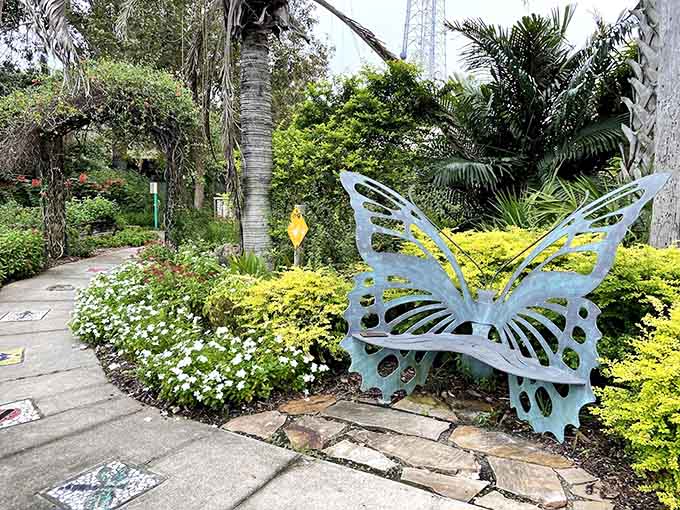 A butterfly-shaped bench offers the perfect spot to rest your feet and contemplate why more furniture isn't shaped like insects, because honestly, this works.