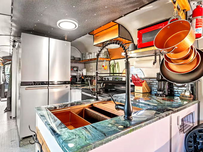 Julia Child never cooked in a helicopter kitchen, but with these copper pots and modern fixtures, you certainly can.