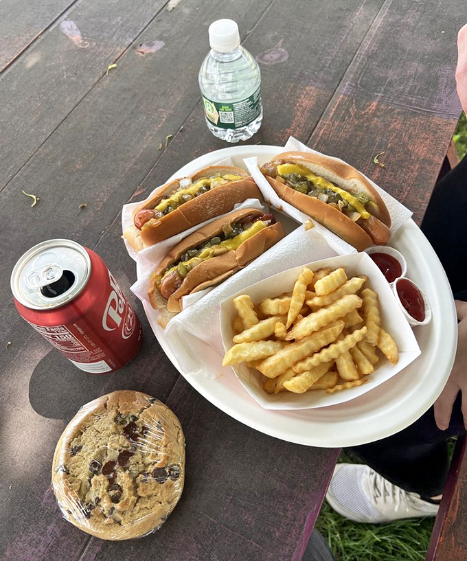 The perfect Maine picnic spread &ndash; hot dogs, fries, soda, and a chocolate chip cookie for dessert. Simple pleasures are often the most satisfying.