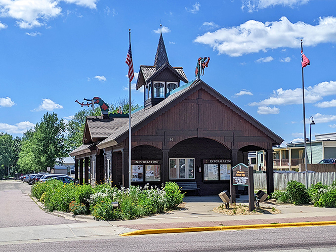 Information central! This charming wooden structure serves as Mount Horeb's tourist hub, complete with Scandinavian architectural touches.