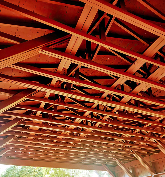 The intricate wooden truss structure creates a cathedral-like ceiling, filtering sunlight through its geometric patterns as you pass beneath.
