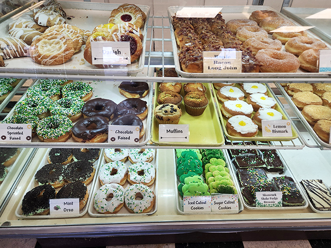 Small-town bakery, big-time flavors! Rush City Bakery's display case offers a tempting array of donuts that make this tiny town worth the detour.