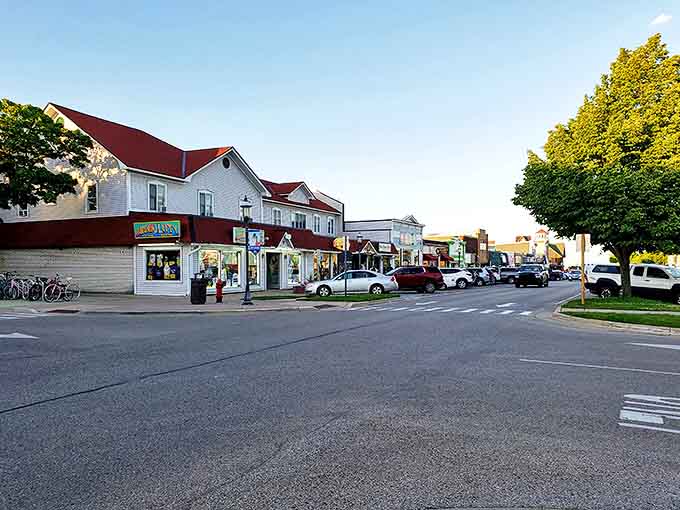 Charming shops line Mackinaw City's welcoming downtown streets, inviting visitors to explore and discover local treasures.