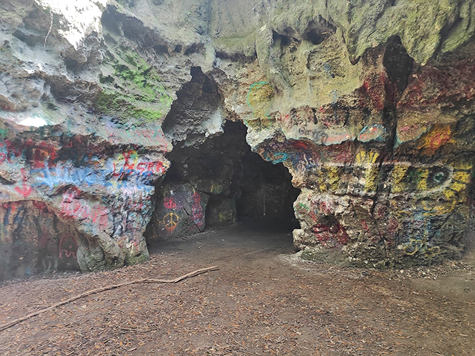 Portal to another world! This cave entrance beckons with mysterious darkness beyond its graffiti-decorated threshold.