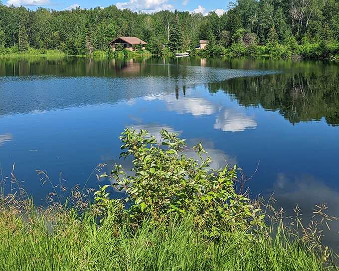 The cabin reflects perfectly in still waters, creating a scene so serene it could lower your blood pressure just by looking at it.