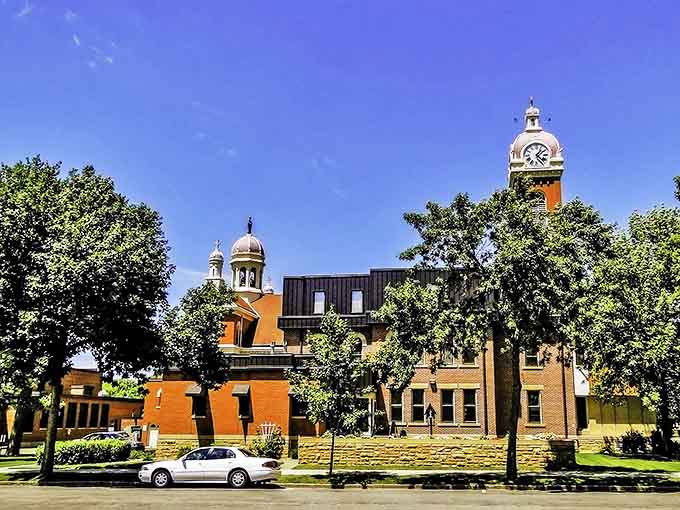 The Cathedral of the Holy Trinity's impressive spires reach skyward, dominating New Ulm's skyline with old-world craftsmanship and architectural grandeur.
