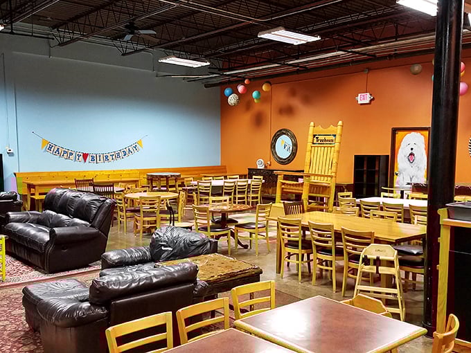 The dining area offers a moment of calm amid the chaos – comfortable seating where parents can refuel while keeping eyes on adventuring offspring.