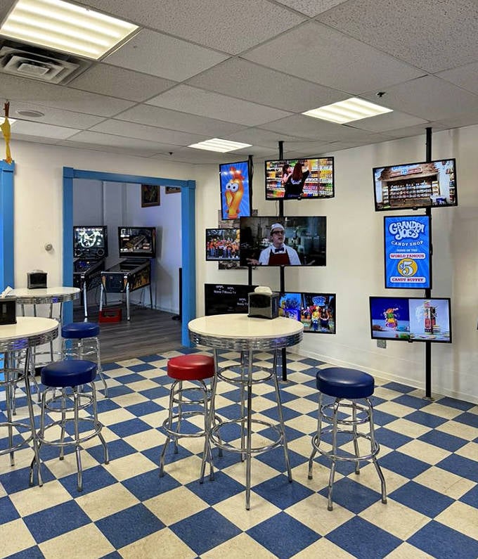 Retro diner seating invites you to rest your feet while your blood sugar reaches levels your doctor would definitely not approve of.