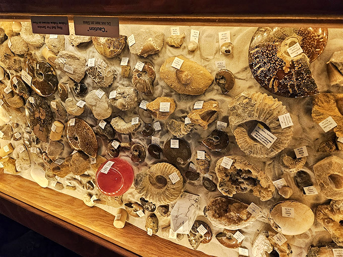 This fossil display transforms ancient sea creatures into wall art, each specimen a perfectly preserved snapshot from Earth's prehistoric oceans.