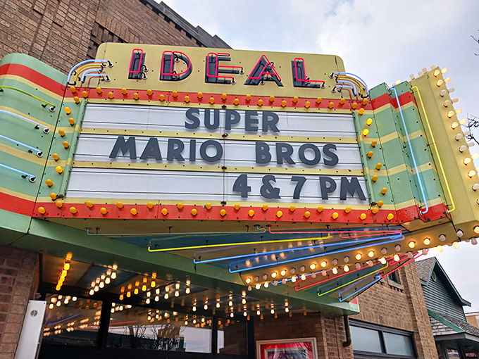 The Ideal Theater's vibrant vintage marquee lights up downtown Clare, announcing Super Mario Bros with the same excitement it's displayed films since 1930.
