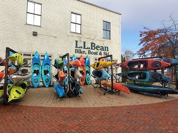 The Bike, Boat & Ski annex showcases a flotilla of colorful kayaks, tempting even landlubbers to imagine paddling across Maine's pristine waters.