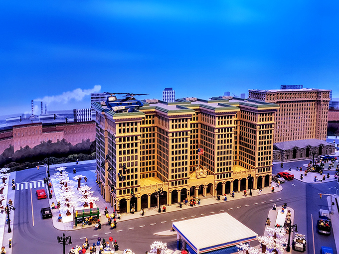 The General Motors Building stands tall in LEGO form, a testament to Detroit's automotive legacy brick by colorful brick.