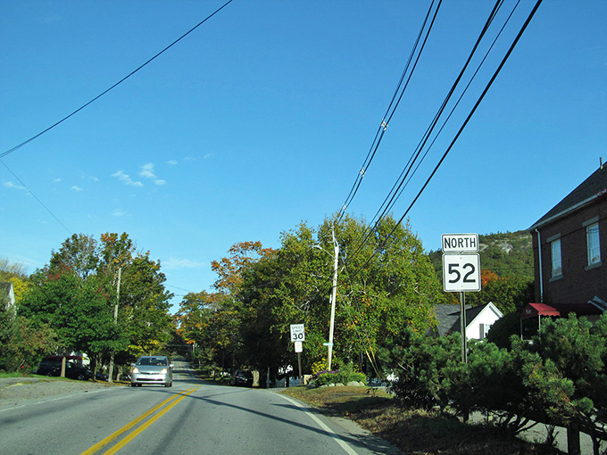 Route 52 whispers through tunnels of maple and pine, creating natural archways that no architect could improve upon.