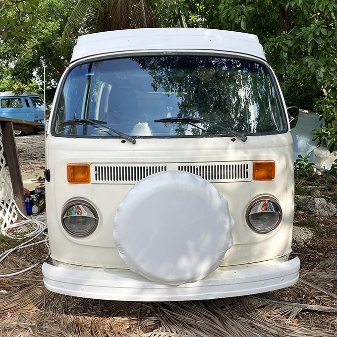 This classic white VW wears its spare tire like a jaunty hat, ready for whatever adventures the Florida Keys might offer.