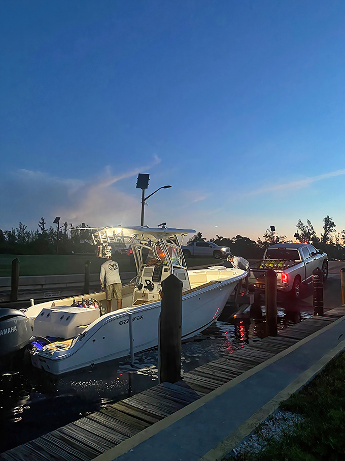 Dawn at the boat launch: The adventure begins as fossil hunters prepare for a day of prehistoric treasure hunting.