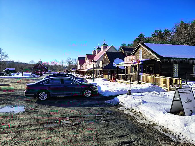 Parking at Quechee Gorge Village: Where your car can rest while you time-travel through Vermont's most charming retail experience.