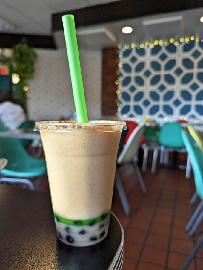 The pumpkin spice boba tea offers autumn in a cup, with chewy tapioca pearls waiting at the bottom like little treasures for your taste buds.