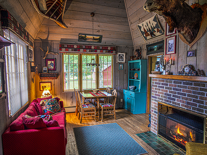 This rustic sitting area, complete with mounted wildlife observer, offers a cozy retreat when Lake Superior winds howl their ancient songs outside.