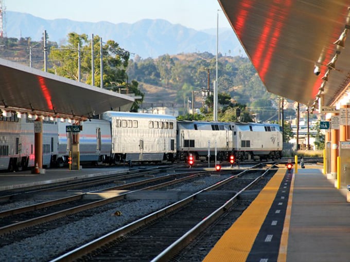Mountains in the distance create a stunning backdrop for this silver train slicing through Florida's varied landscape.