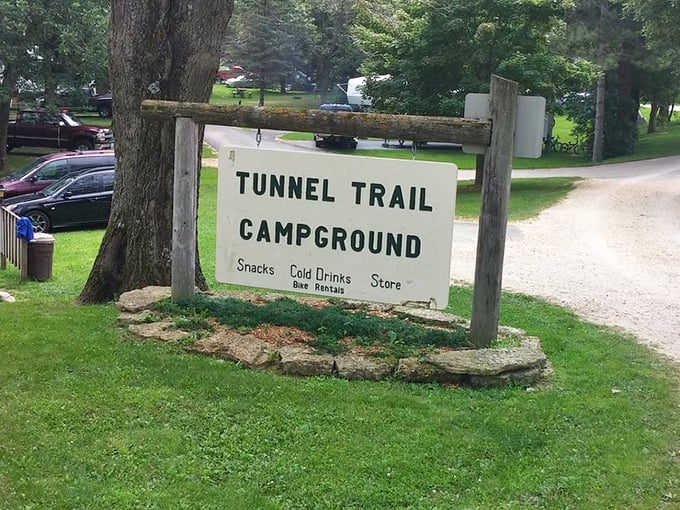Campground sign promises simple pleasures &ndash; cold drinks and bike rentals make this spot a trail oasis.