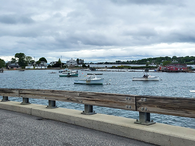 Boats find safe harbor in the protected waters, with the bridge standing sentinel in the background.