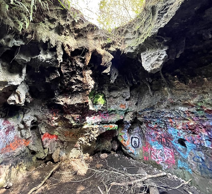 Cathedral ceiling: Looking up reveals the cave's dramatic architecture, where roots dangle like natural chandeliers above.