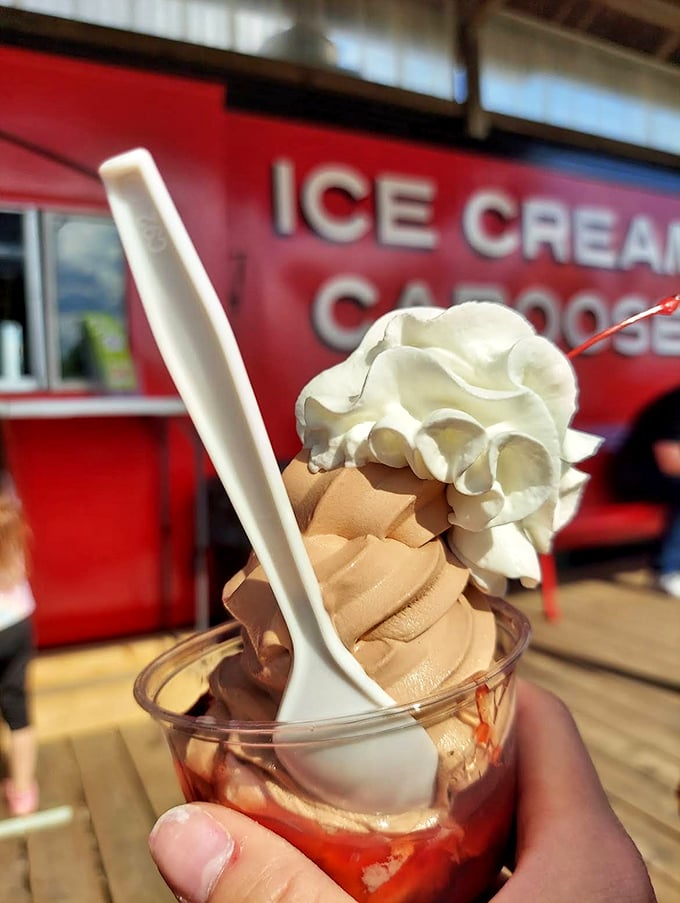 A chocolate sundae with cherry topping that whispers, "Diet? What diet?" – resistance is futile against this creamy creation.