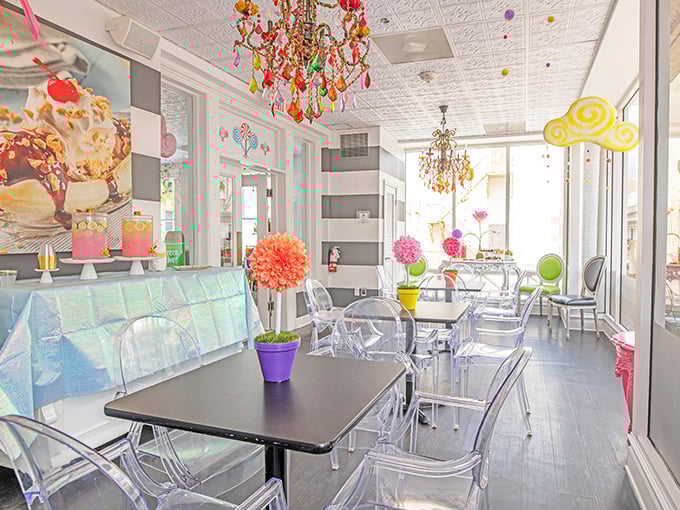 Dining among chandeliers and ghost chairs&mdash;because calories don't count when consumed in surroundings this stylish.