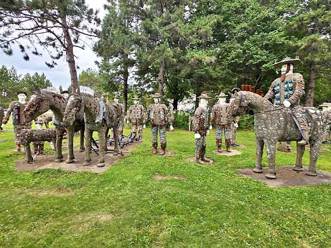 Folk art horses stand frozen mid-trot, their concrete bodies adorned with colorful glass and found objects in this wonderfully weird outdoor museum.