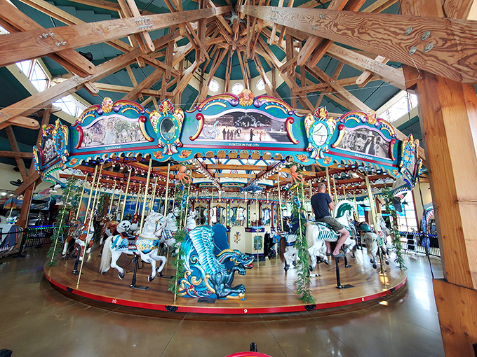 Whimsical horses and fantastic creatures circle endlessly under wooden beams, carrying riders of all ages on a journey of nostalgia.