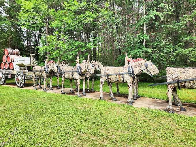 A concrete wagon train journeys eternally across the Wisconsin Concrete Park, where artist Fred Smith's imagination lives on in these whimsical sculptures.