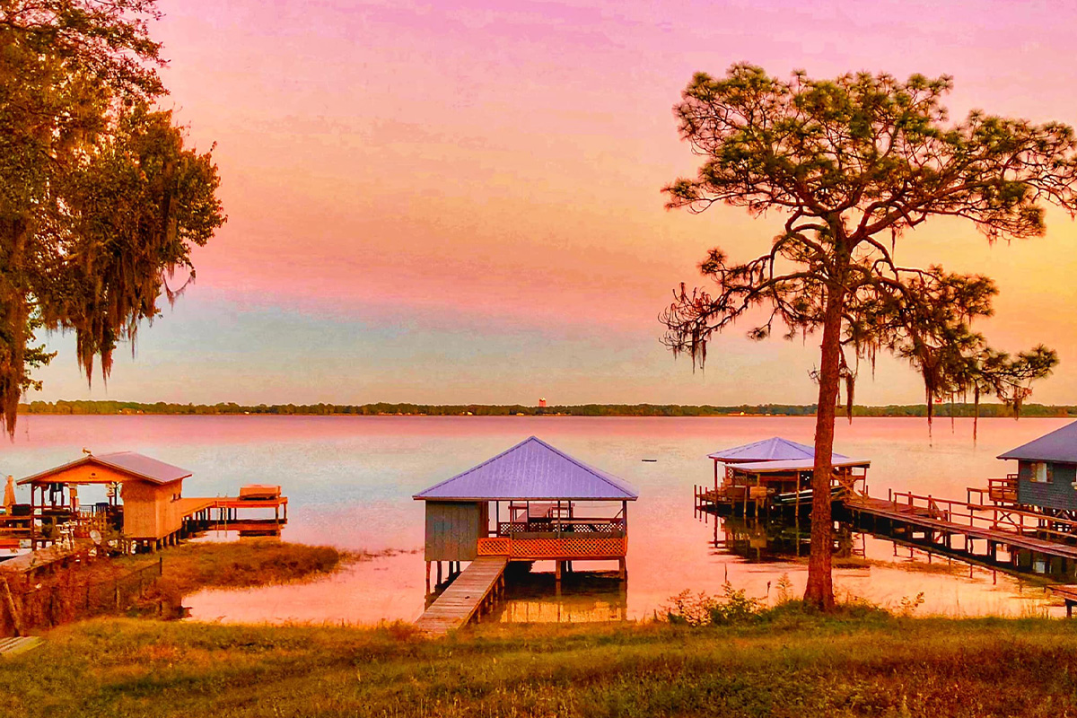 a beautiful shot of the lake at sunset