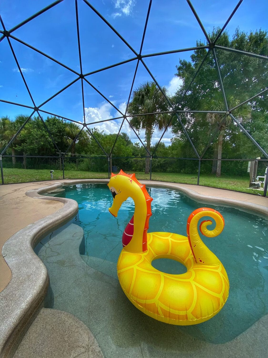 A completely screened in heated pool