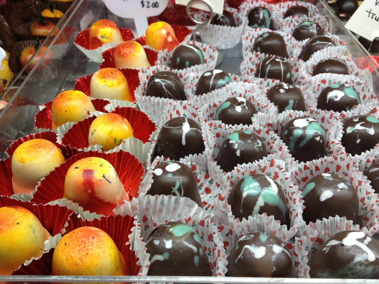 a display of handcrafted chocolates