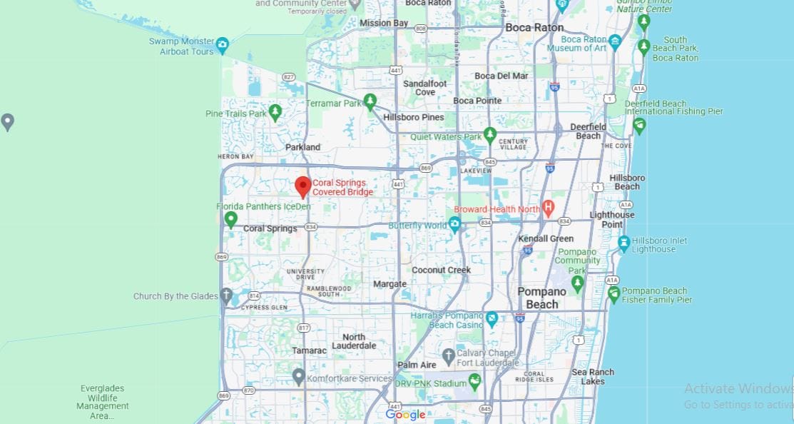 A screenshot form Google Maps showing the location  of Coral Springs Covered Bridge